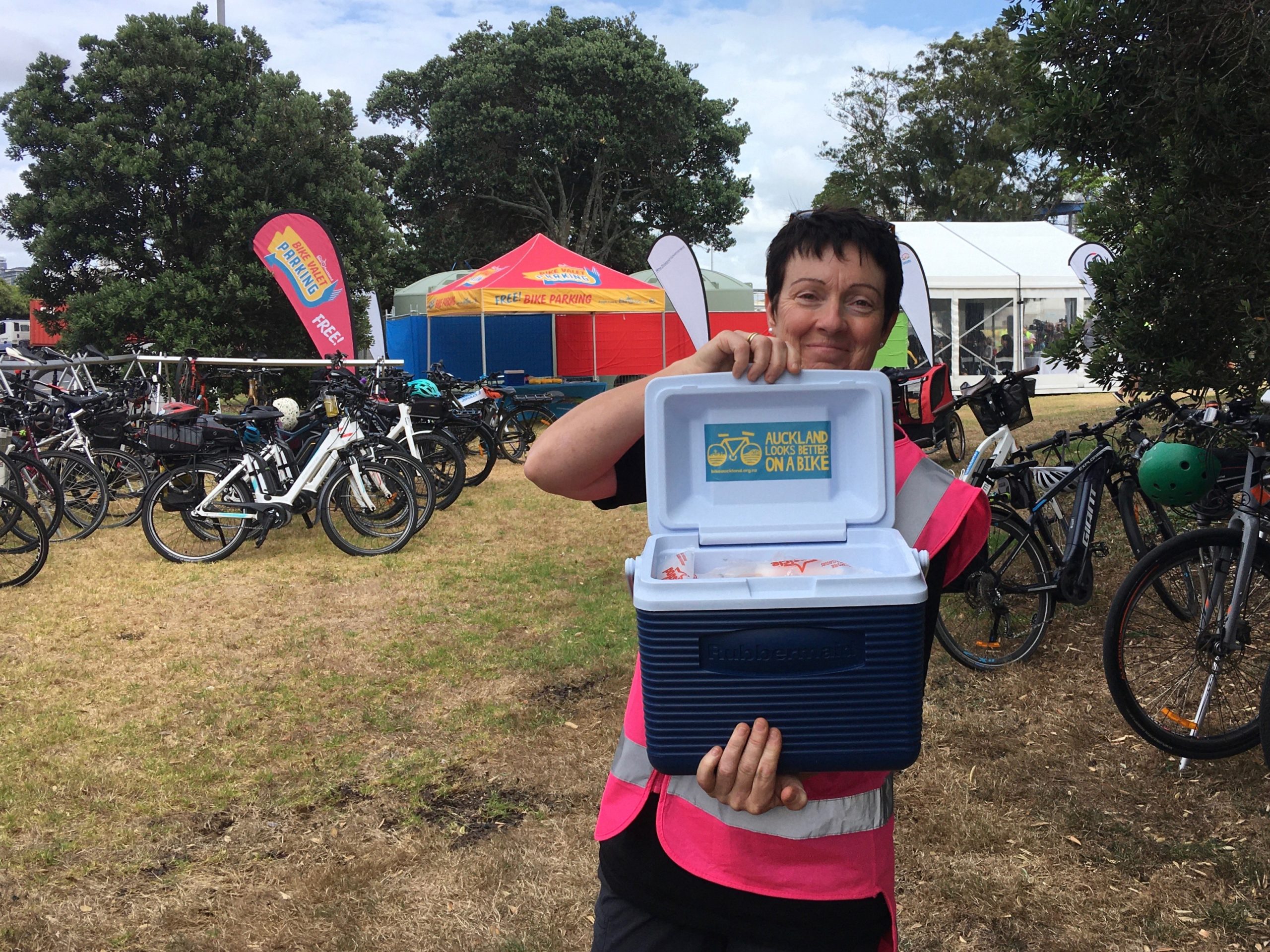 TD sod-turning Bike Valet and Fiona with ice blocks - Bike Auckland